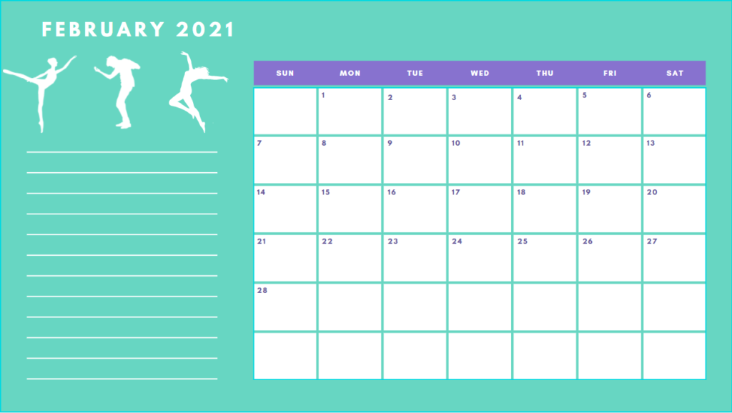 February 2021 Calendar – Green | The Dancing Dance Mom