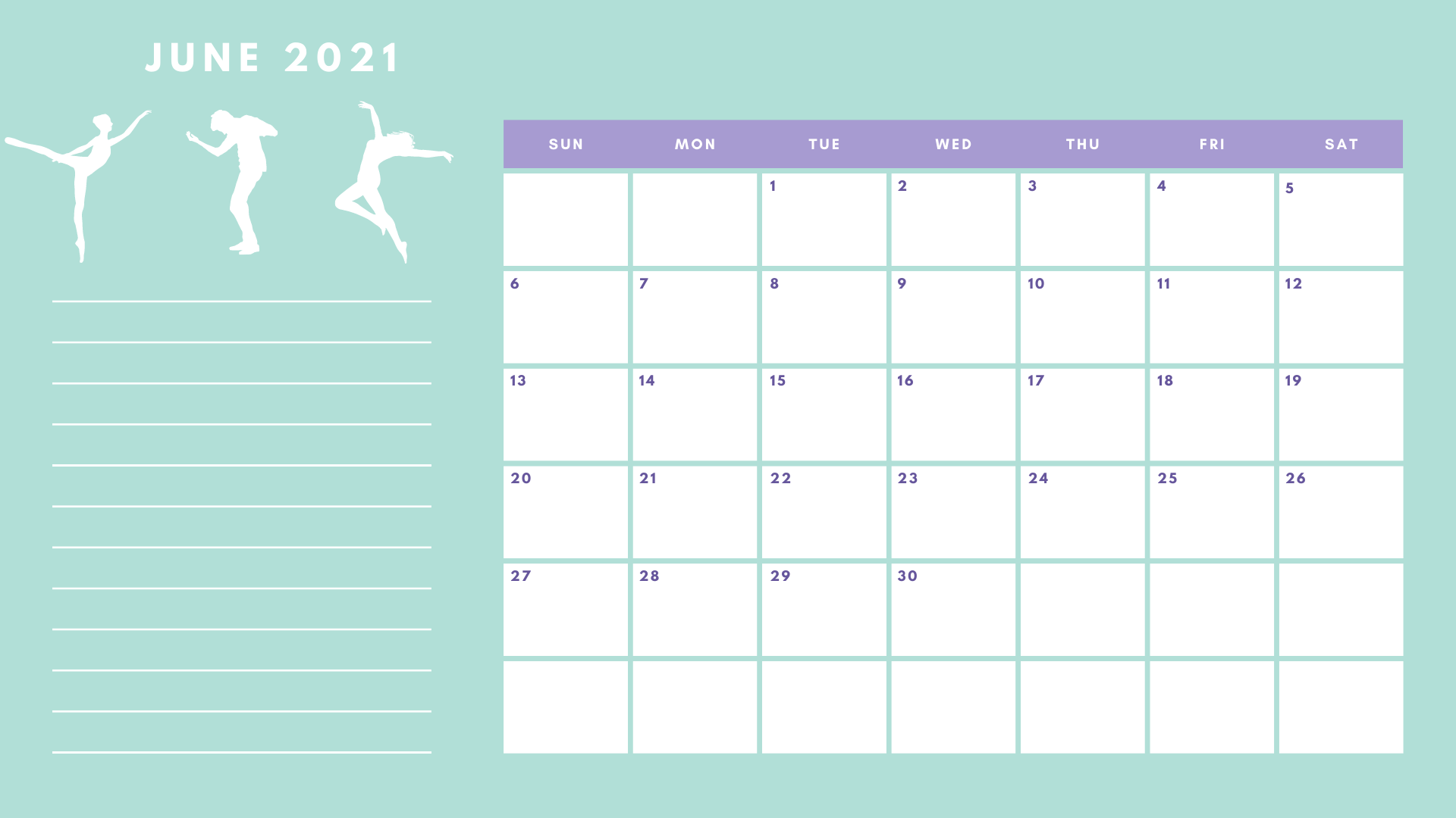 June-Calendar-Green | The Dancing Dance Mom